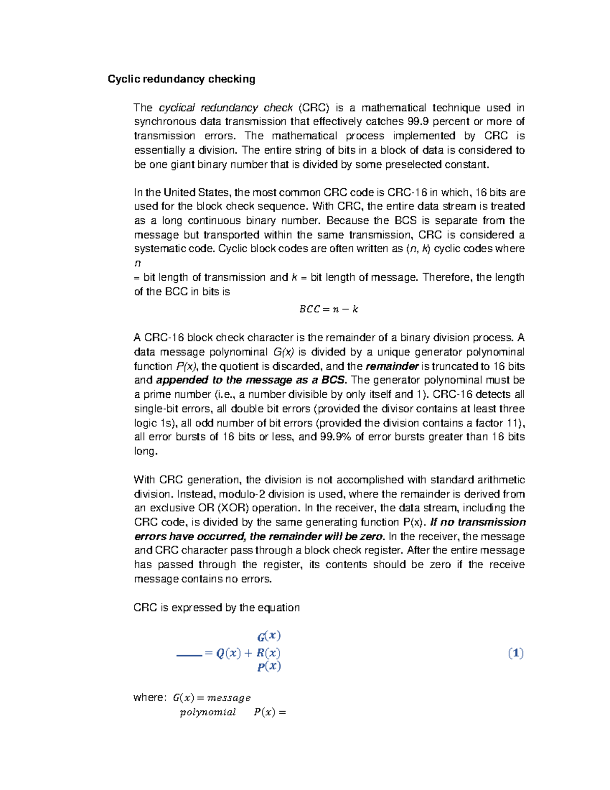 Cyclic redundancy checking - The mathematical process implemented by CRC is essentially a ...
