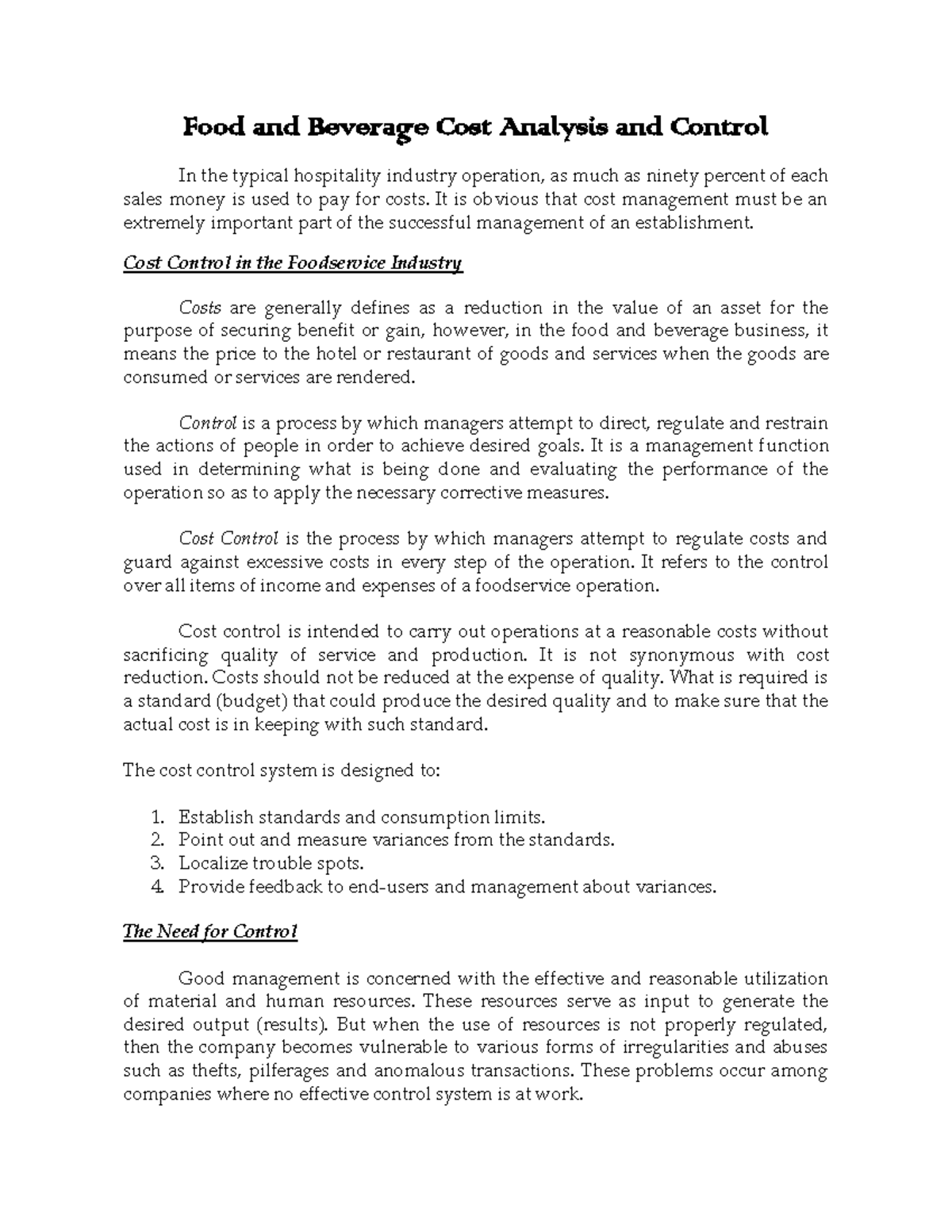 Handouts on Topic 1 - Food and Beverage Cost Analysis and Control In ...