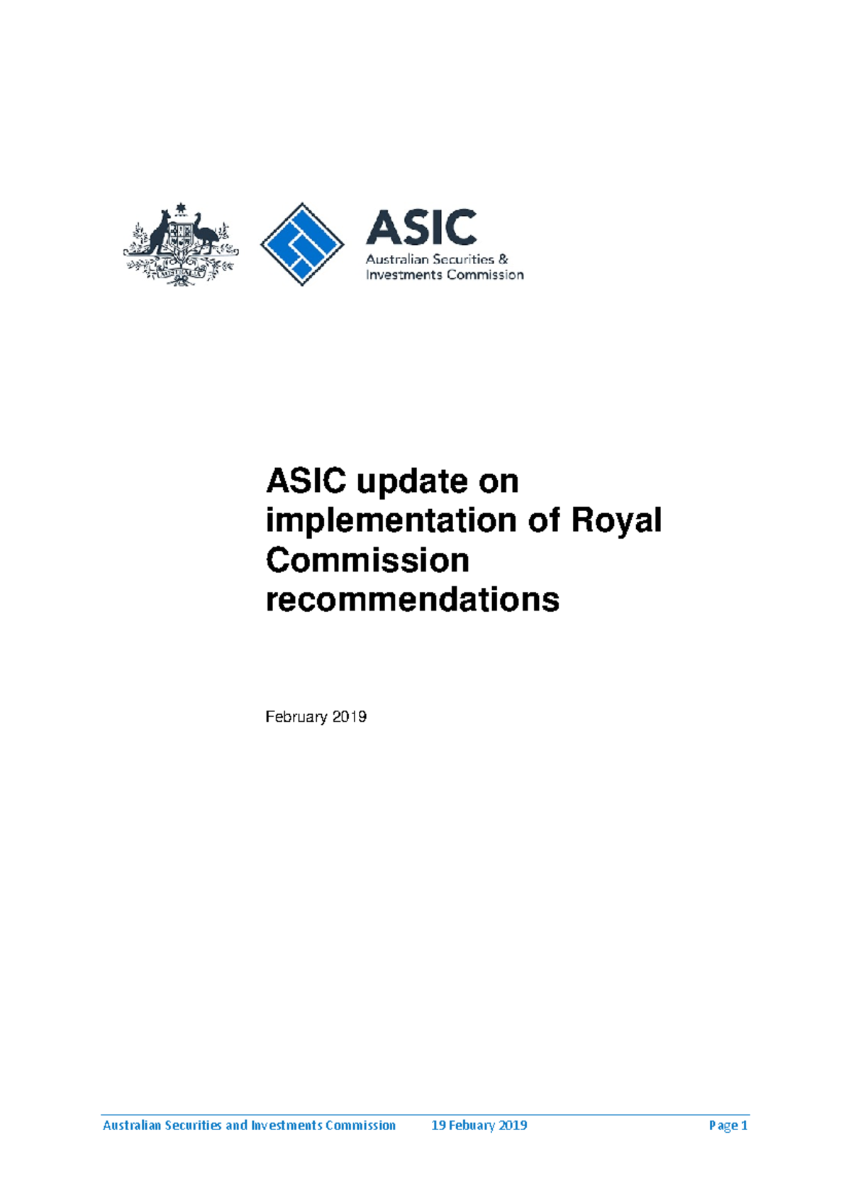 ASIC Update on Royal Commission Recommendations - Feb 2019 - Studocu