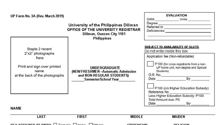 UP Form No. 3A - Admission Application for New Freshmen - Studocu