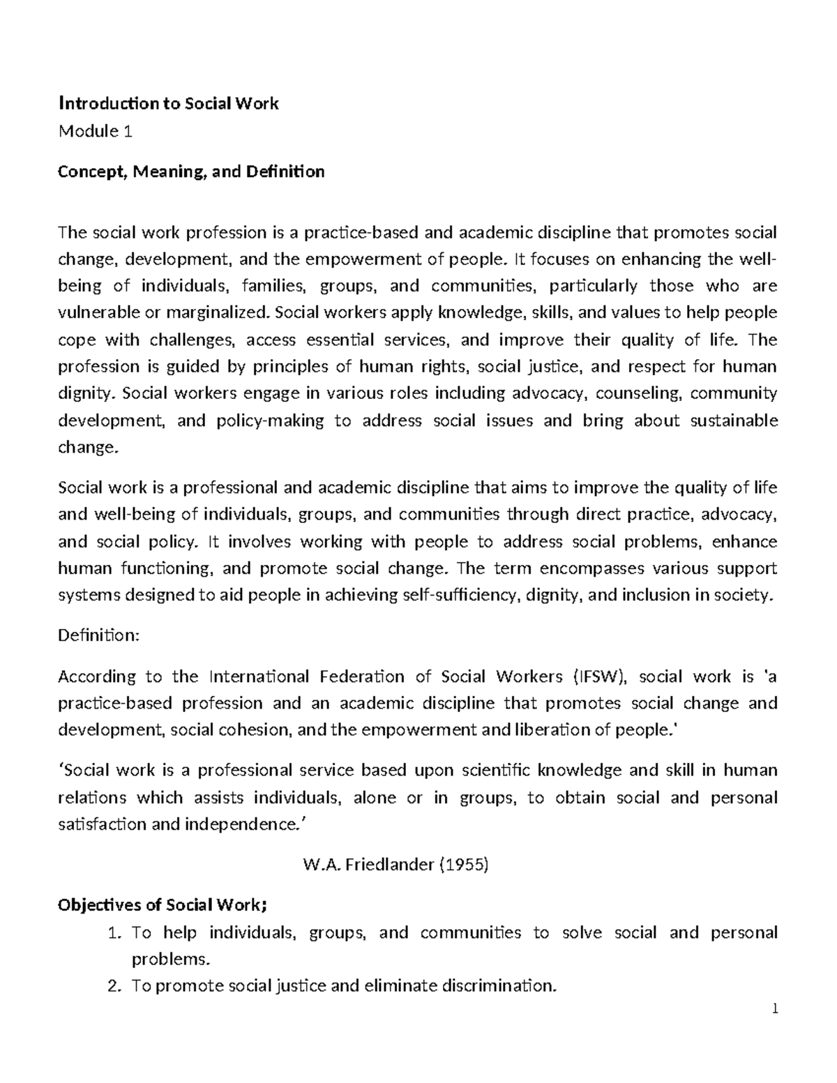 Module 1: Introduction to Social Work Concepts and Objectives - Studocu