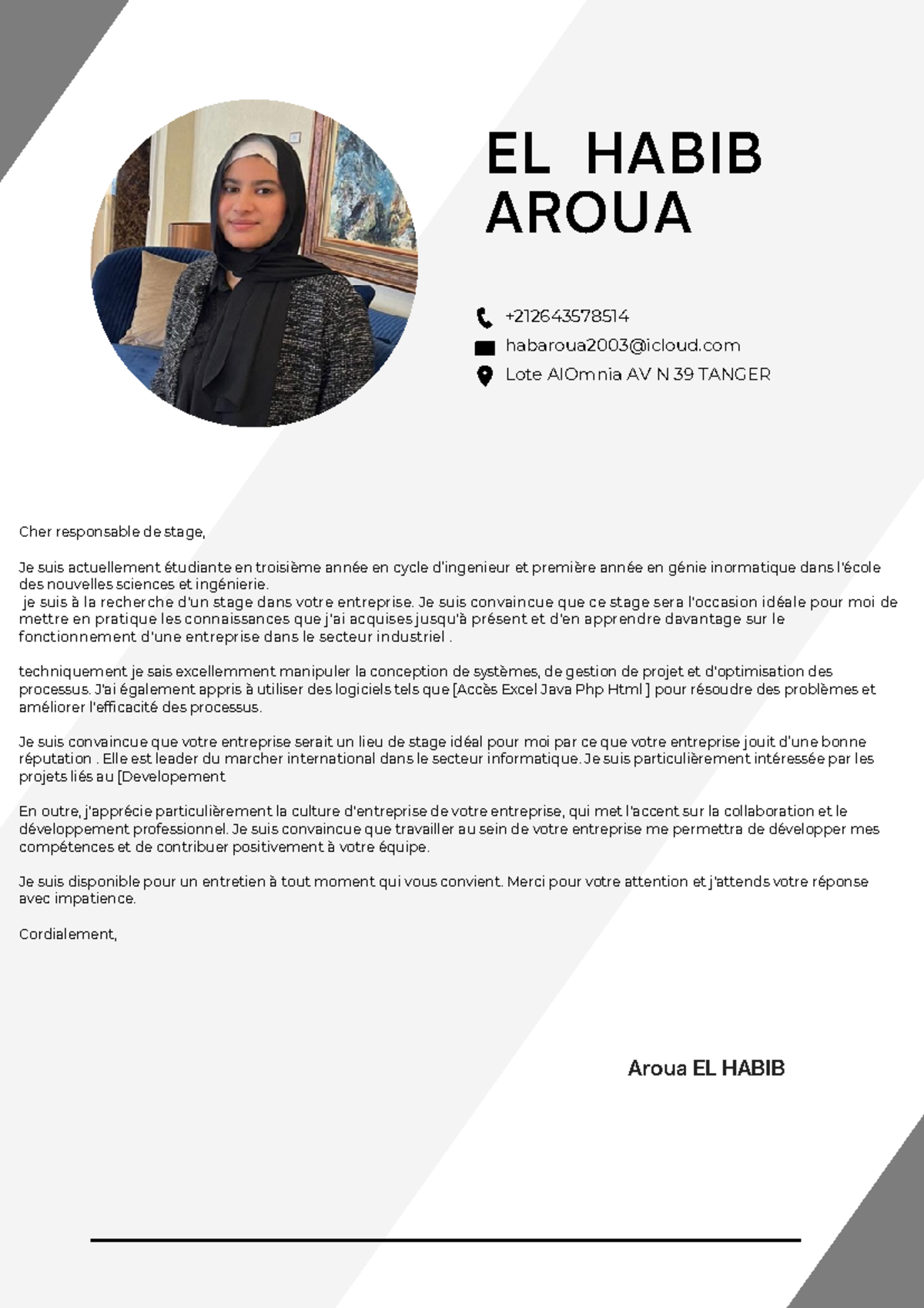 Demande de Stage en Génie Informatique - Aroua EL HABIB - Studocu