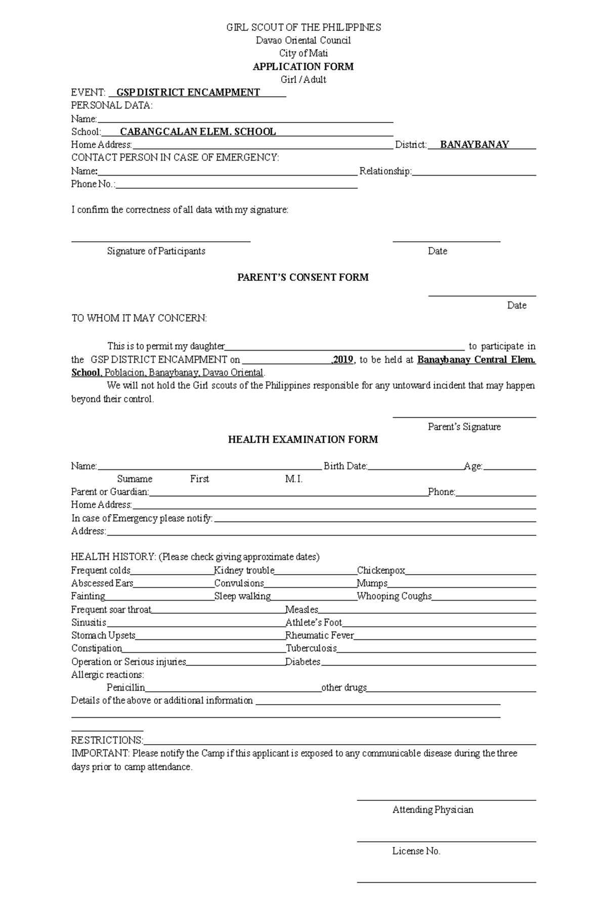 GSP Parents Consent Form for District Encampment & Star Holiday - Studocu