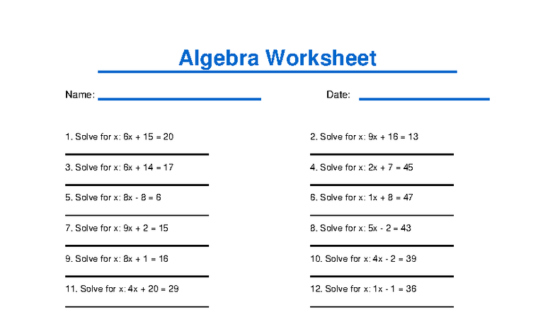 Algebra Worksheet 1: Solve for x Problems and Answers - Studocu
