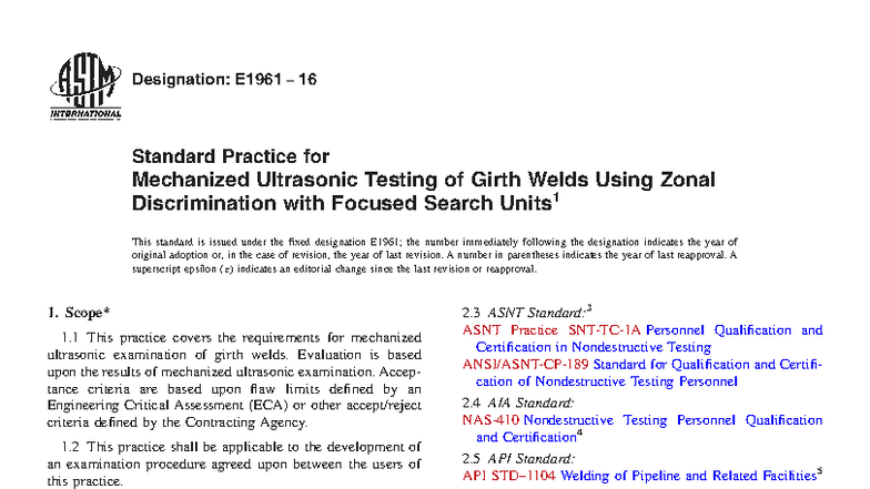 E1961-16 Standard Practice for Mechanized Ultrasonic Testing of Girth ...
