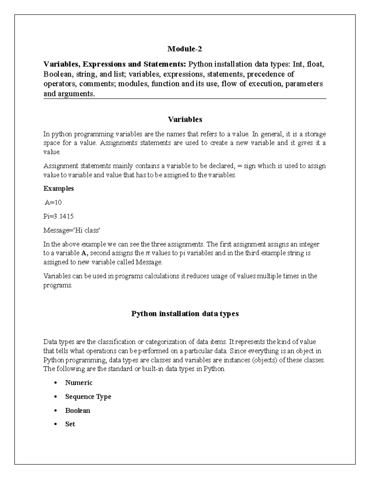 Module-2 - Module 2 Notes On Python - Module- Variables, Expressions ...