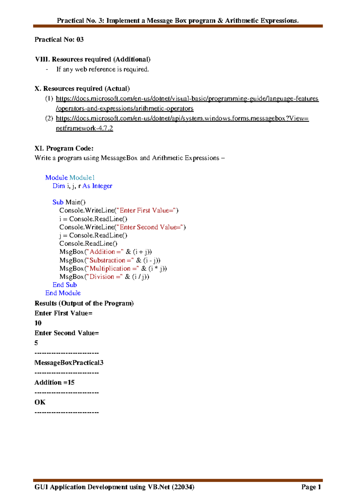 Practical 3: Message Box Program with Arithmetic Expressions (22034 ...