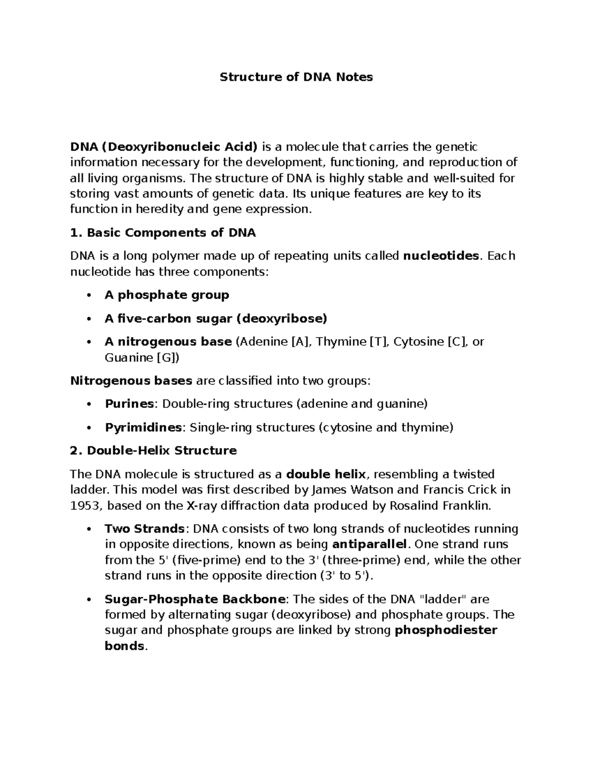 Structure of DNA: Key Notes and Concepts for Study - Studocu