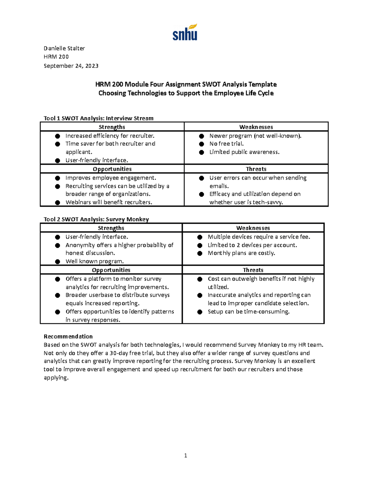 HRM 200: SWOT Analysis of Interview Stream and Survey Monkey Tools ...