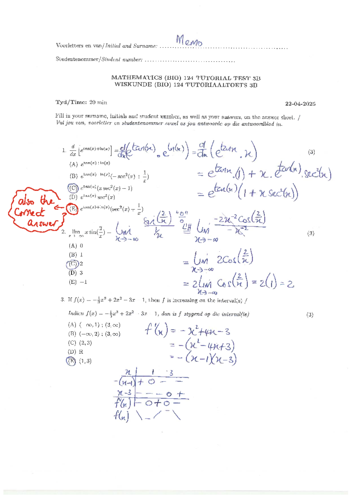 MATHEMATICS (BIO) 124 TUTORIAL TEST 3B & 3C MEMO 2025 - Studocu