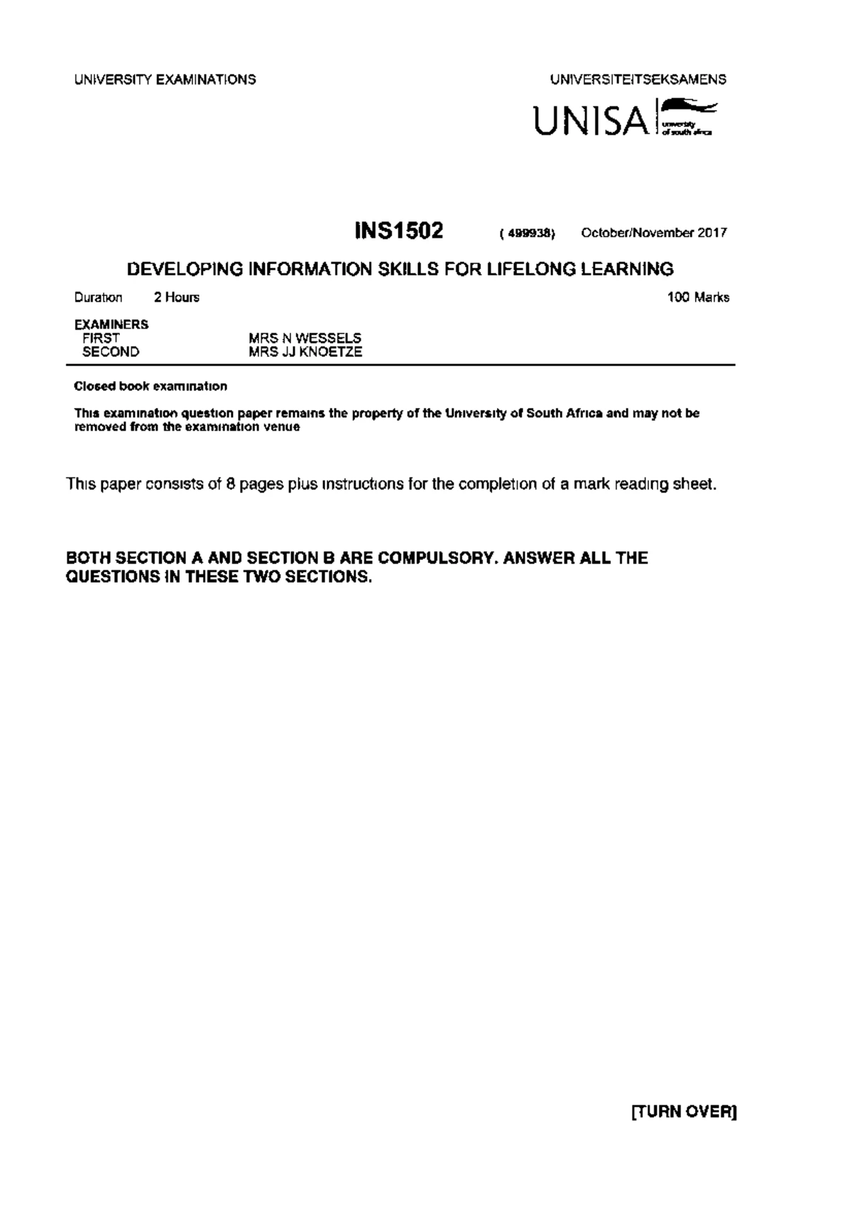 Questionss - Question and answers for quizzes - INS1502 JUNE 2020 ...