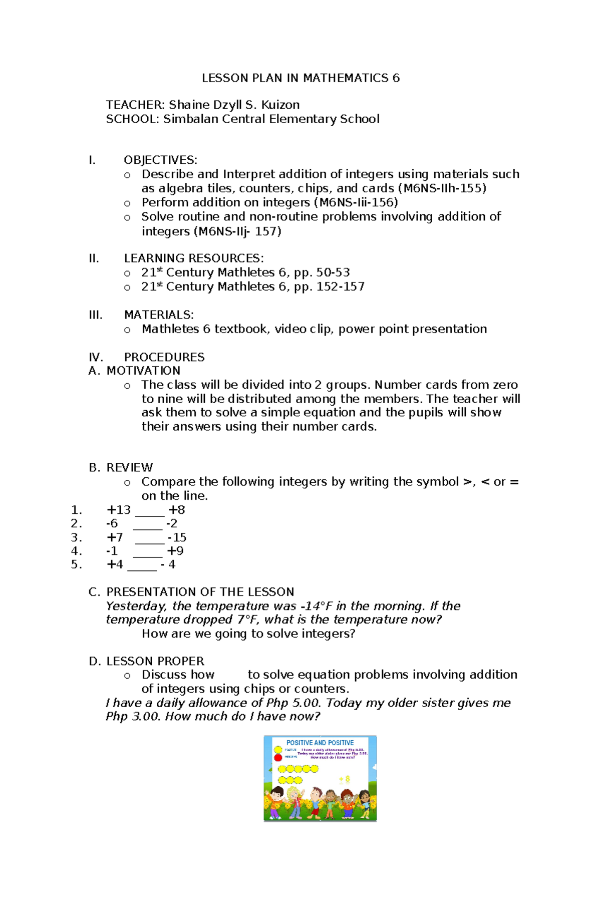 DLP - Q2 MATH - Lesson Plan for Addition of Integers in 6th Grade - Studocu