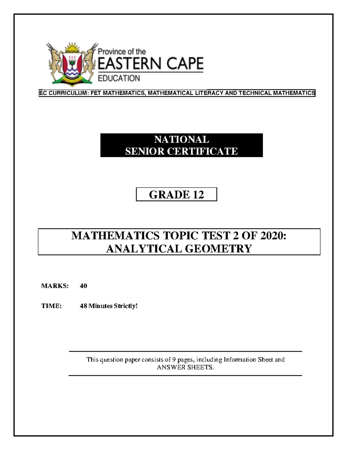 Grade 12 MATH Test 2 (2020) - Analytical Geometry Exam Paper - Studocu