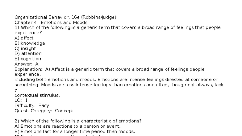 Organizational Behavior 16e Chapter 4: Emotions and Moods Explained ...