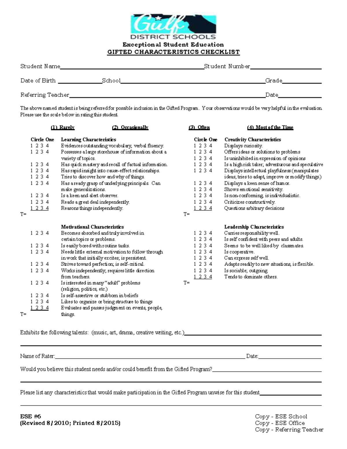 ESE Gifted Characteristics Checklist for Student Evaluation - Studocu