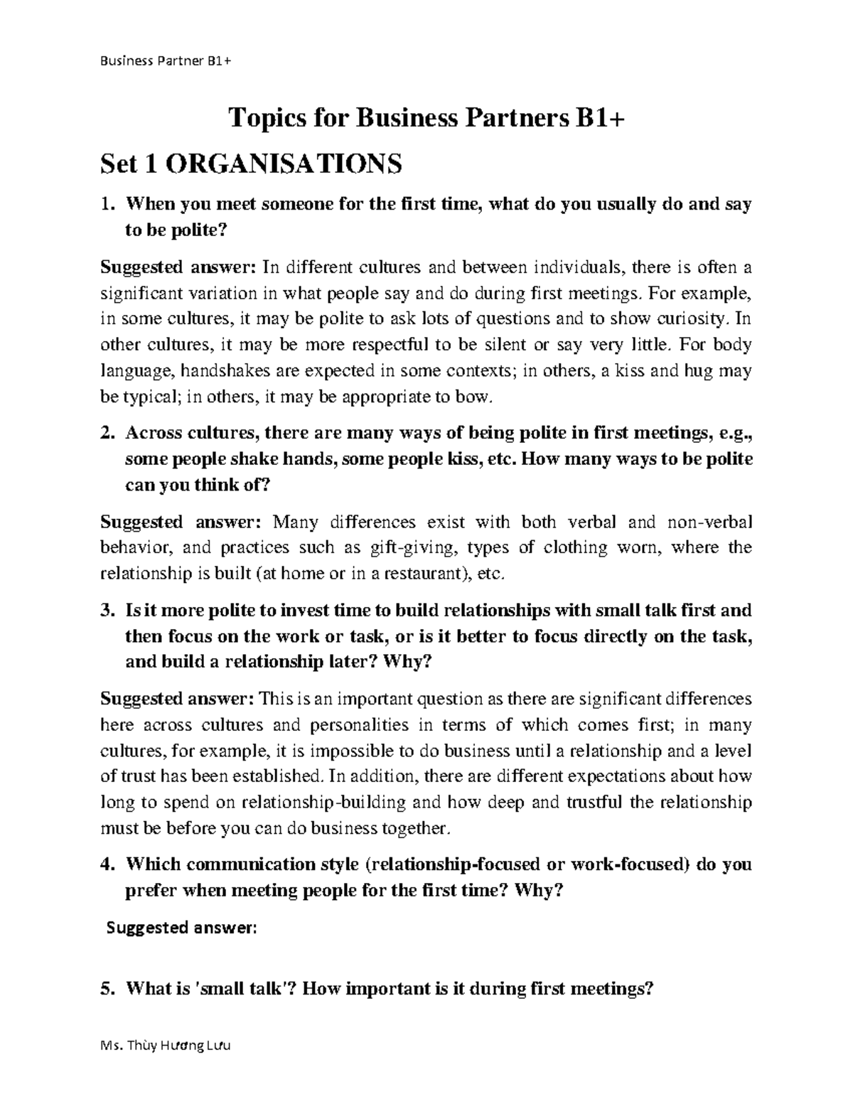 Topics for Business Partners B1 - For example, in some cultures, it may ...