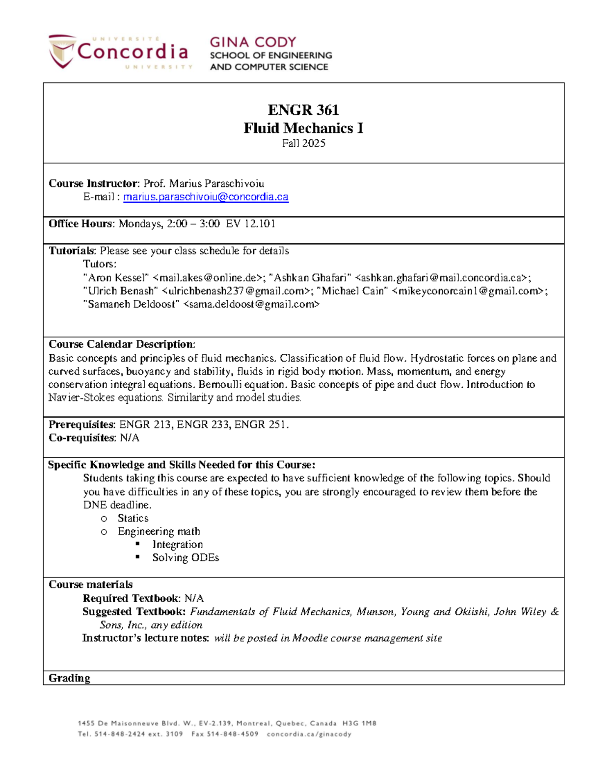 ENGR 361 Fluid Mechanics I Course Outline - Fall 2025 - Studocu