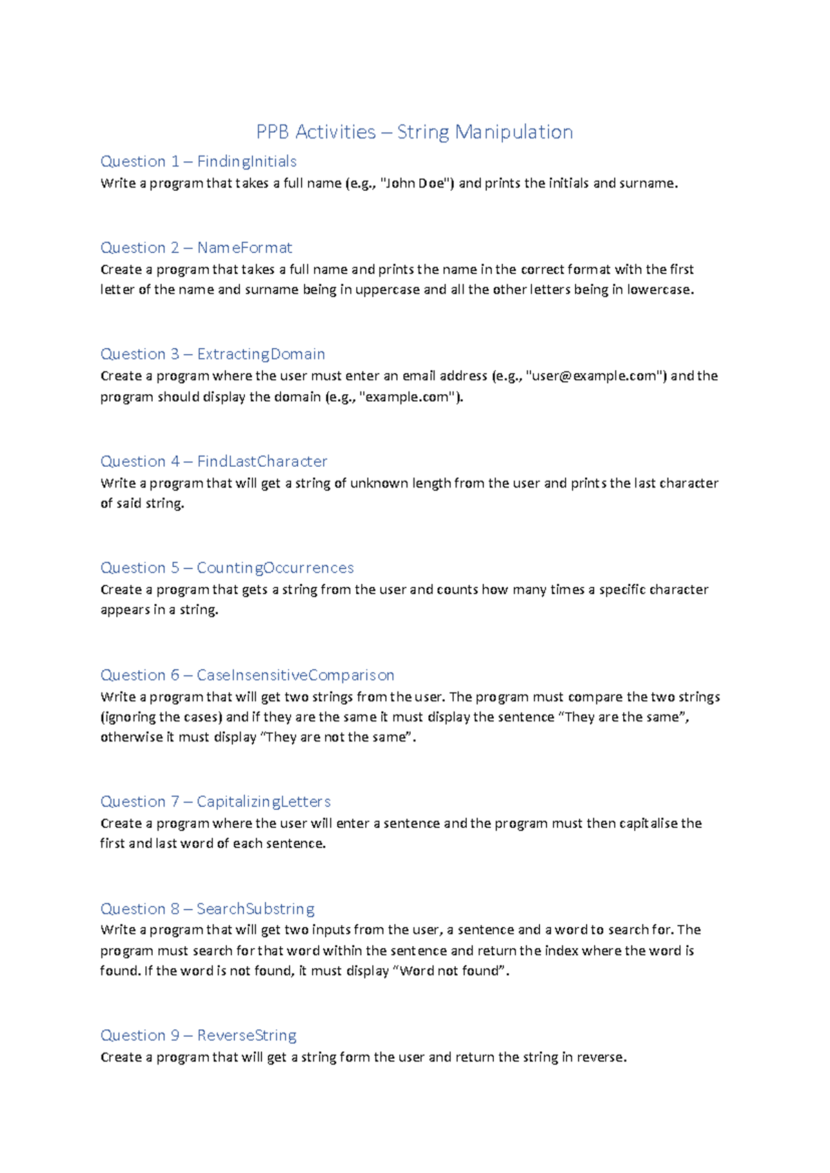 PPB Activities - String Manipulation Exercises and Solutions - Studocu