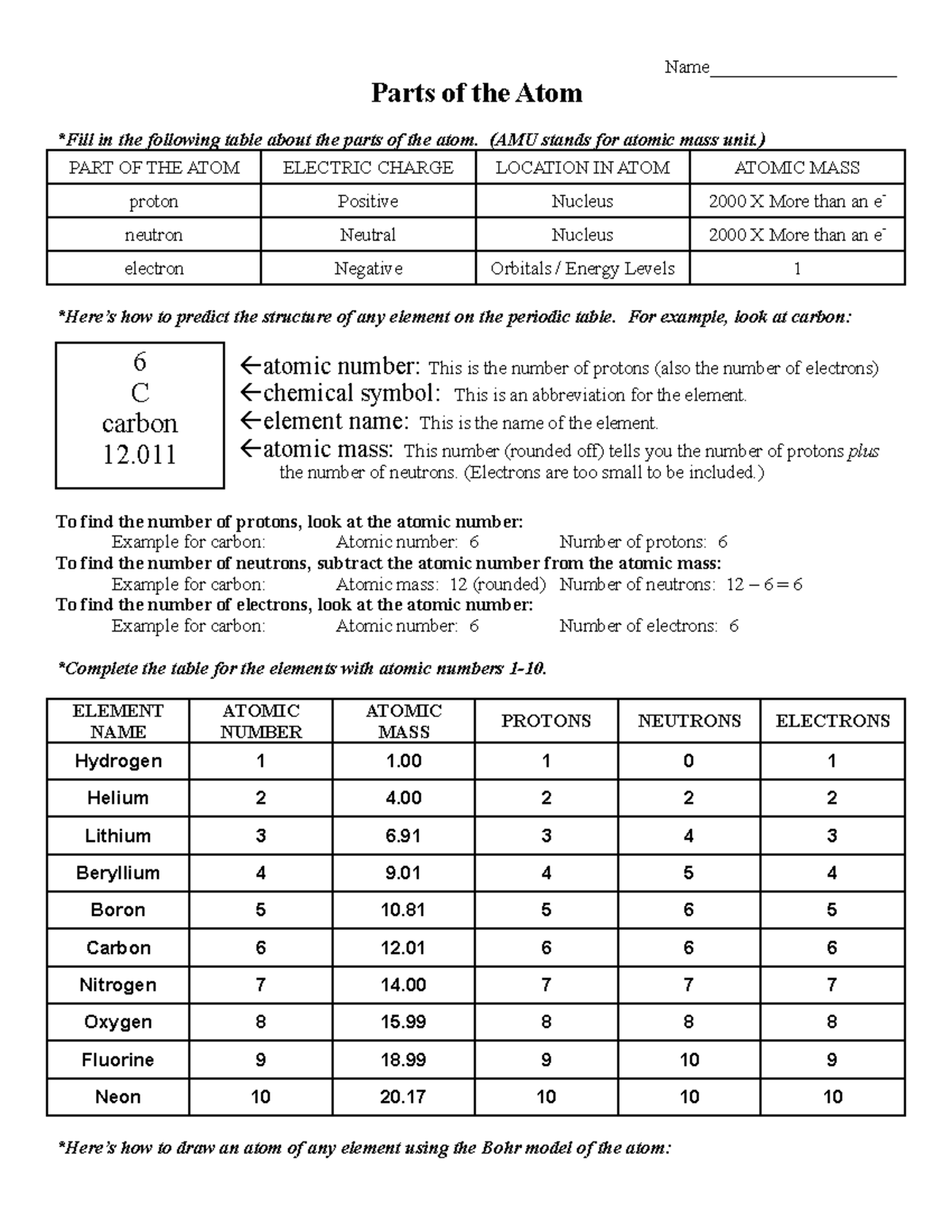 Parts of the Atom work sheet Answers - Name____________________ Parts ...