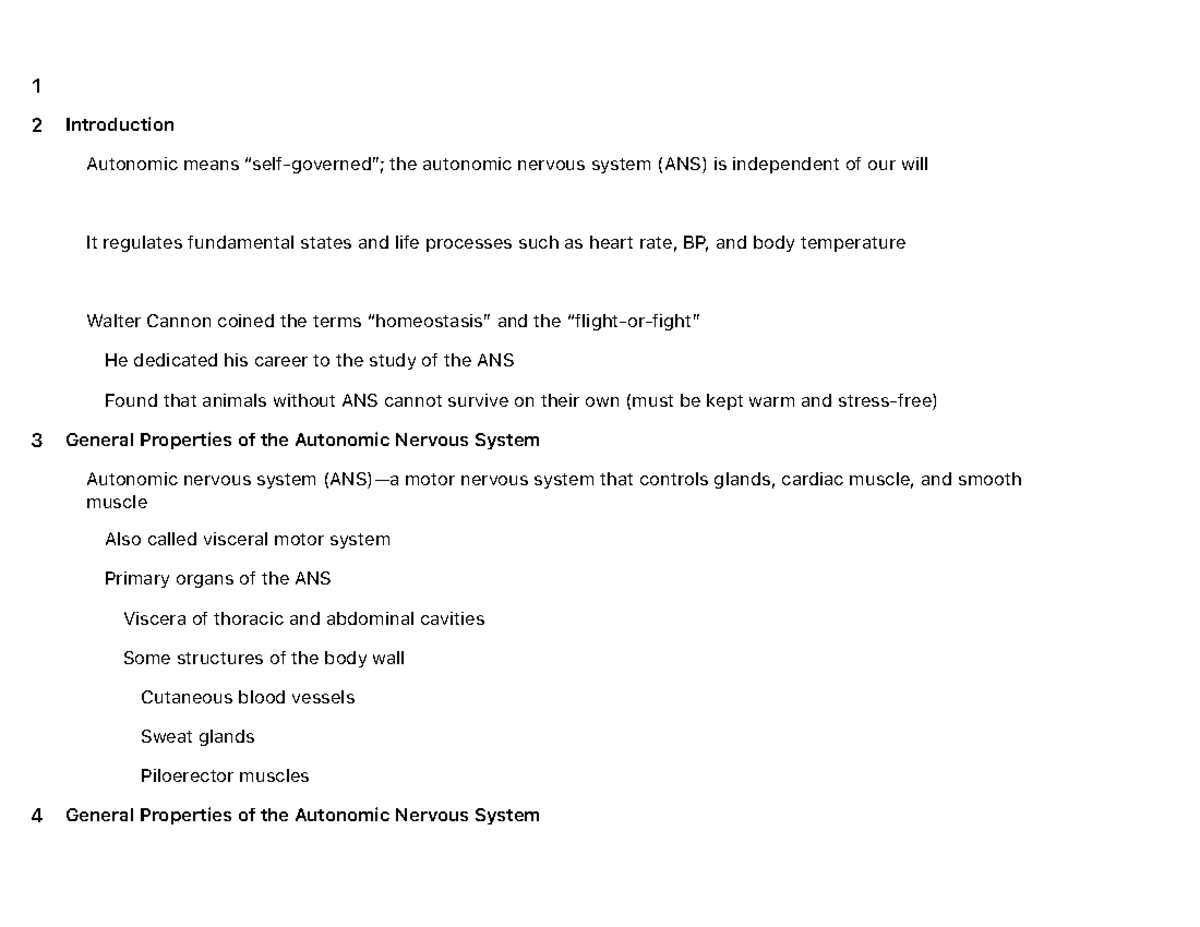 Lecture 15: The Autonomic Nervous System Overview and Functions - 1 2 ...