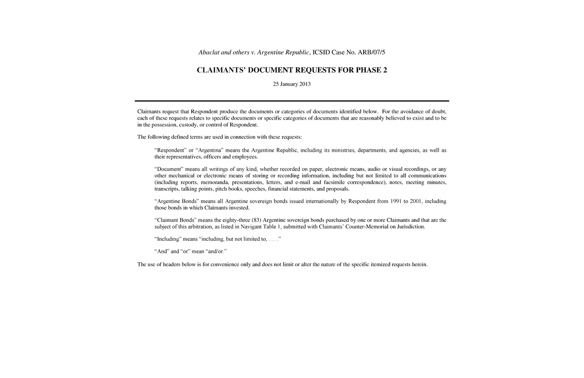 Requests for Documents Related to Claims in Abaclat Case (ICSID ARB/07 ...