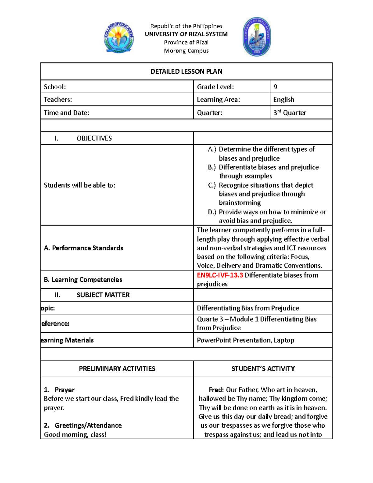 Detailed Lesson Plan on Bias and Prejudice for EN9 3rd Quarter - Studocu