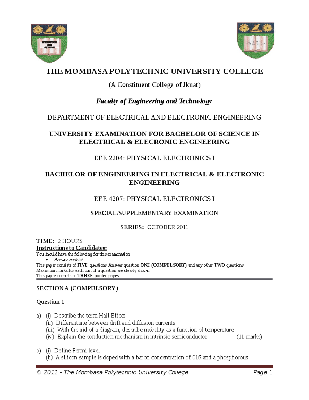 EEE 2204: Physical Electronics I - October 2011 Exam Paper - Studocu