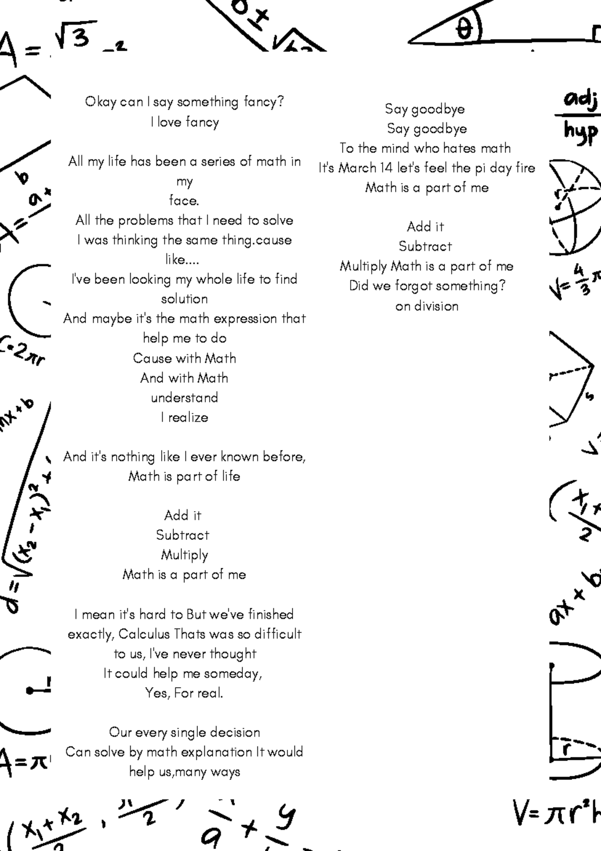 Mathematics & Creativity: Lyrics on Love for Math through Song - Studocu