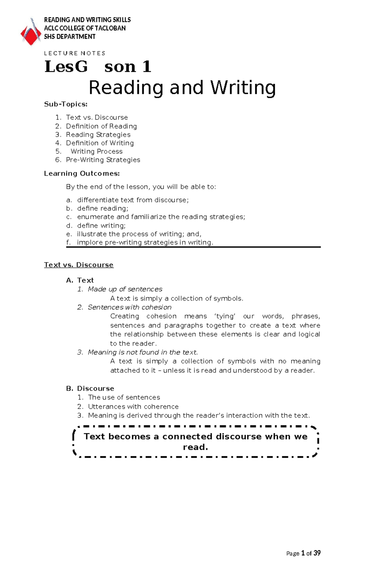 Reading and Writing Skills Lecture Notes - ACLC SHS - Studocu