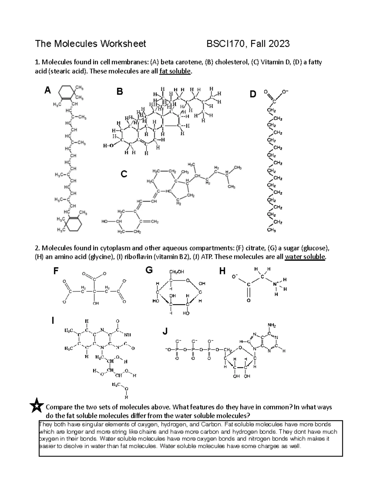 BSCI170 Molecules Worksheet: Comparison of Soluble Properties - Studocu