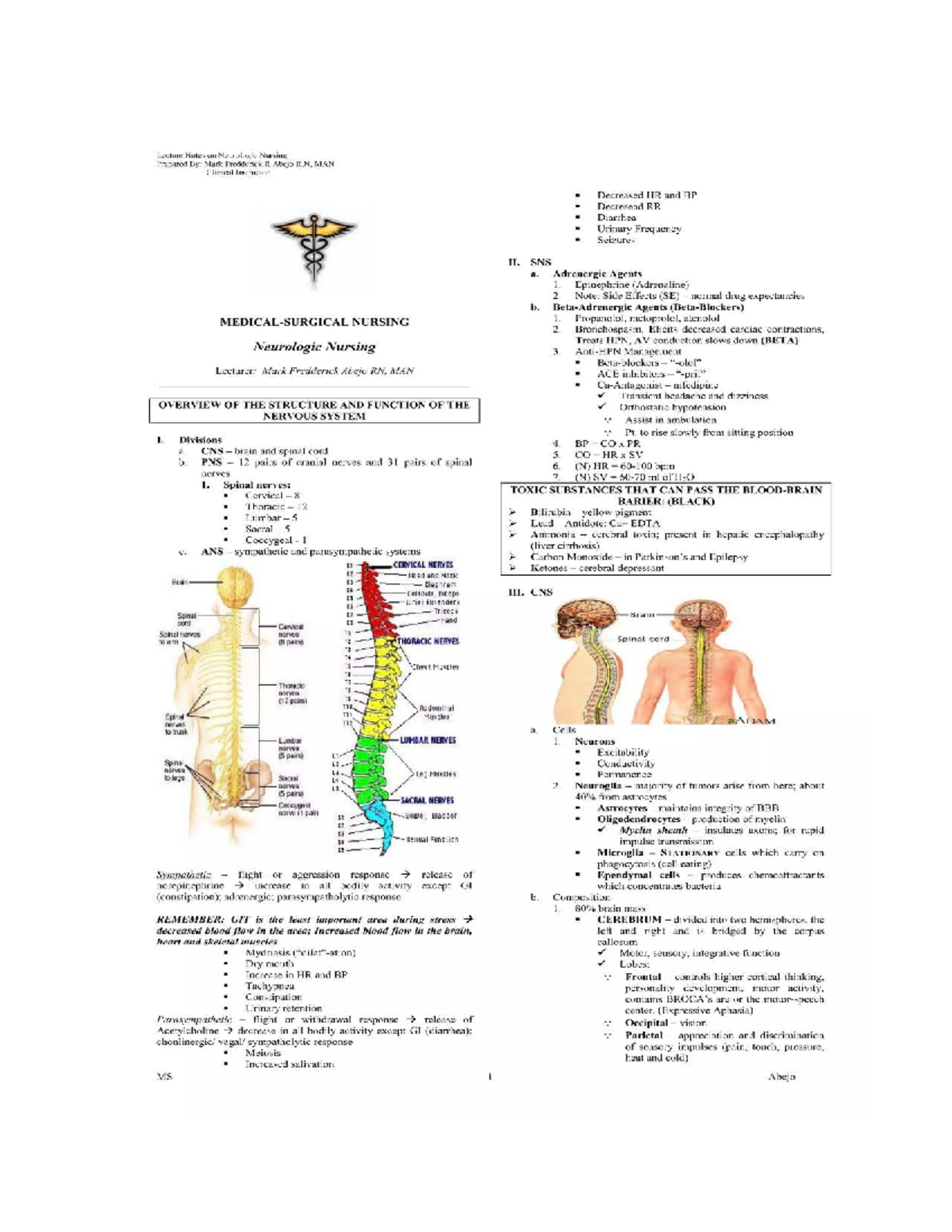 MS 1 Abejo Lecture Notes on Neurologic Nursing: Comprehensive Overview ...