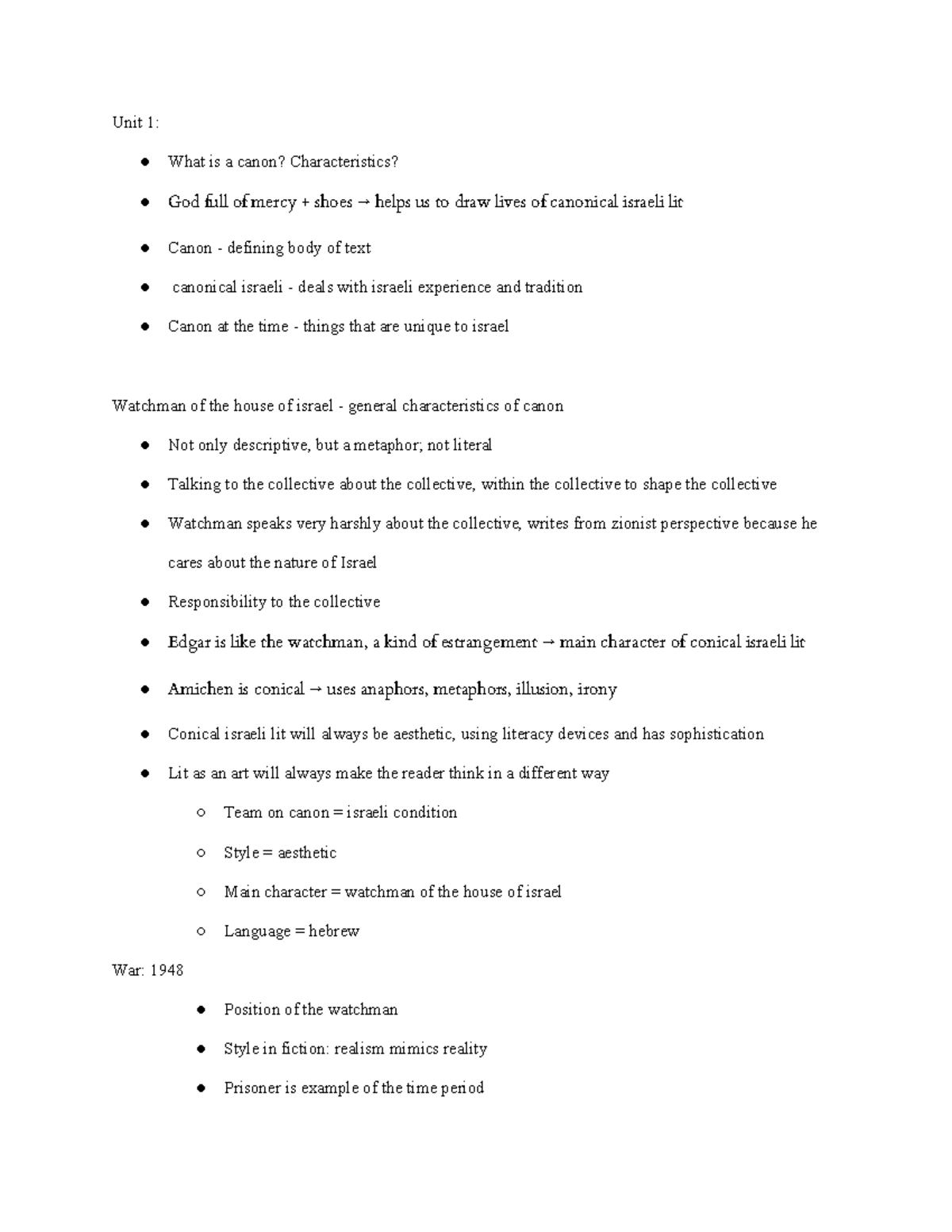 ISRL 101 Midterm Notes: Canon in Israeli Literature and War Themes ...