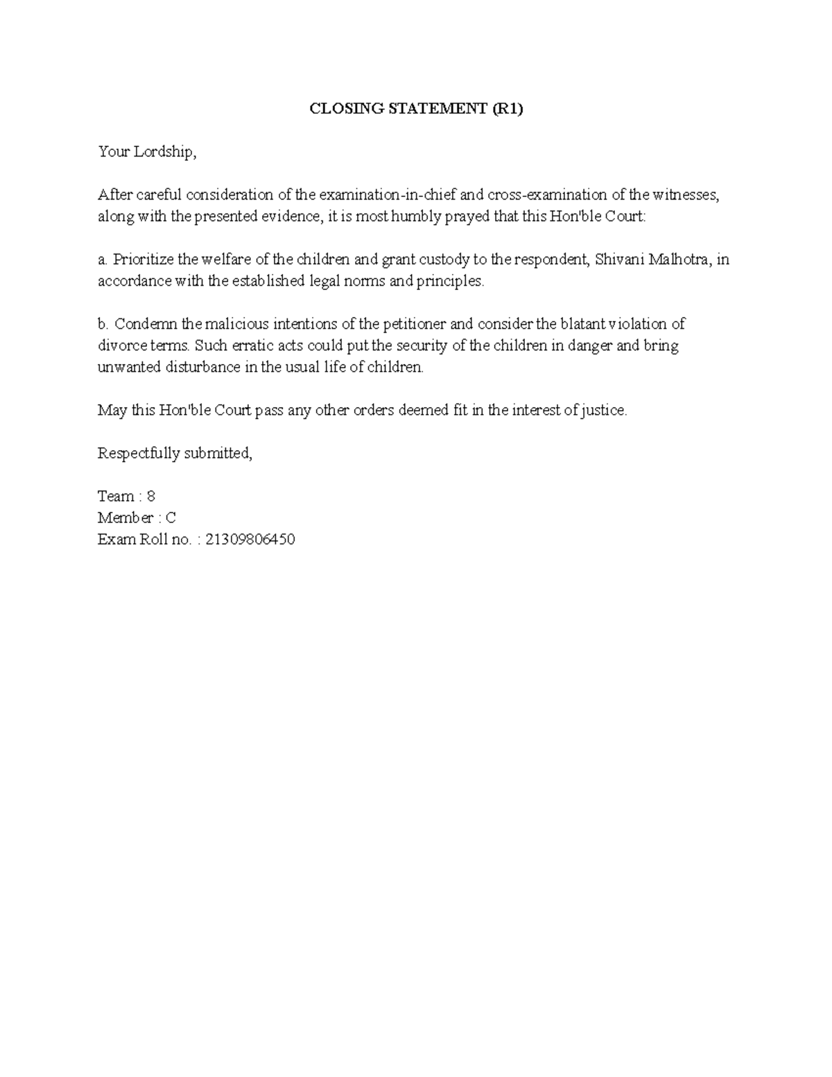 Closing Statement - realted to the moot court exercise - CLOSING ...