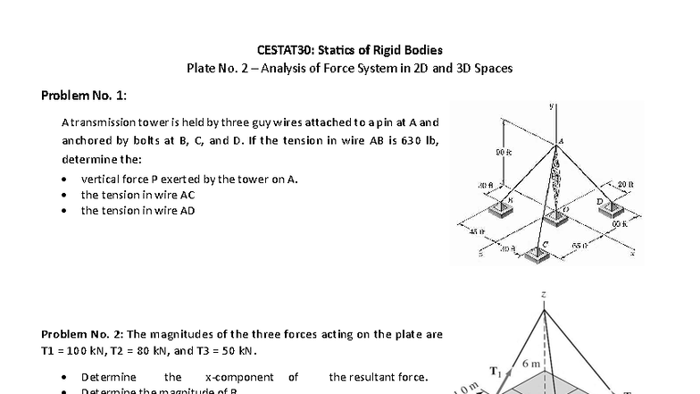 CESTAT30: Sample Problems on Statics of Rigid Bodies in 2D/3D - Studocu