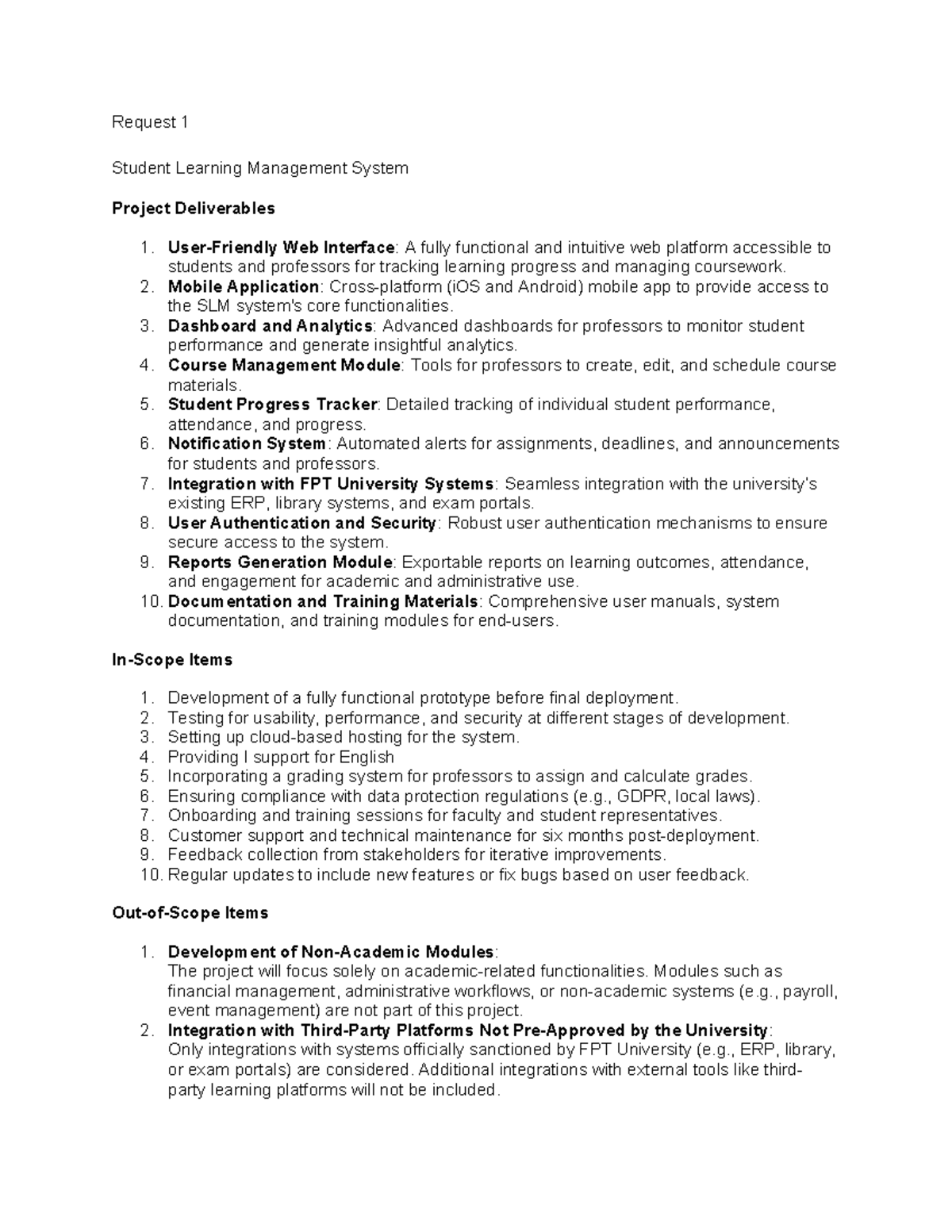 FPT University SLM System Project Deliverables Overview and Plans - Studocu