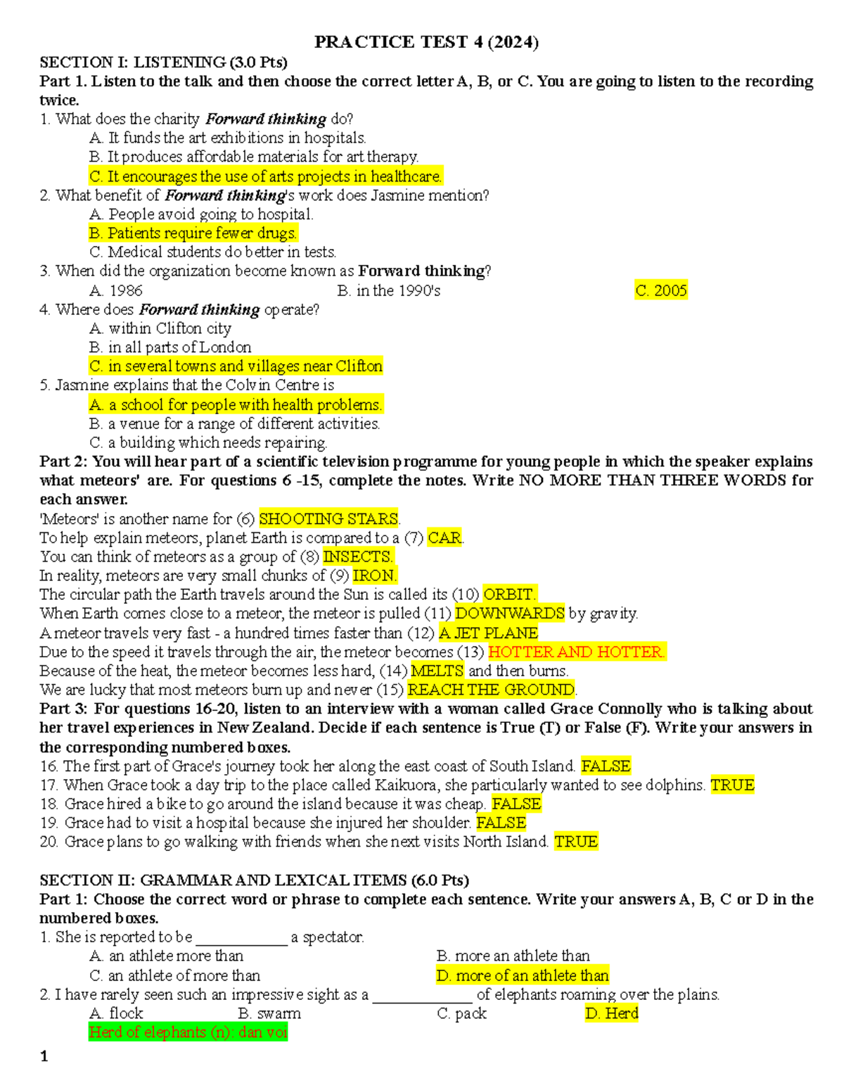 Practice Test 4 - Listening and Grammar Skills Review - Studocu