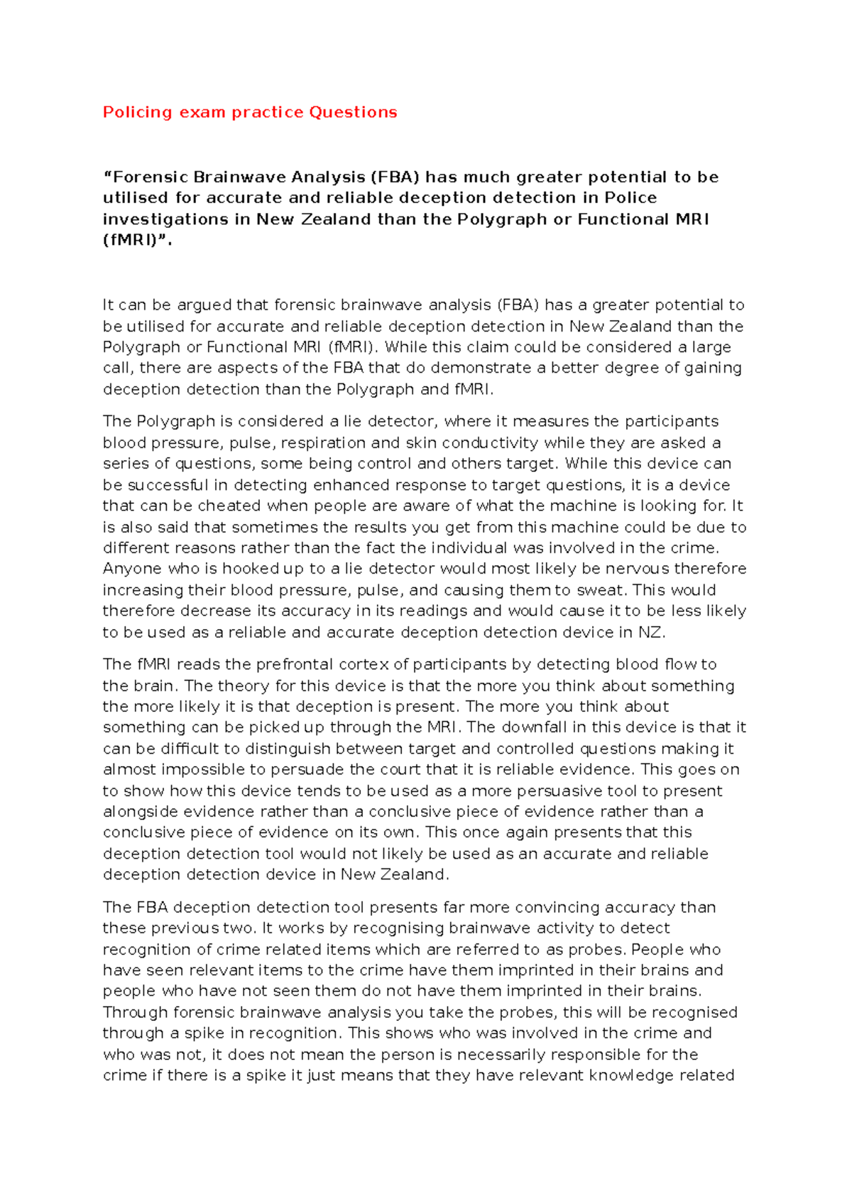 Policing Practice Questions: FBA vs Polygraph & fMRI Analysis - Studocu