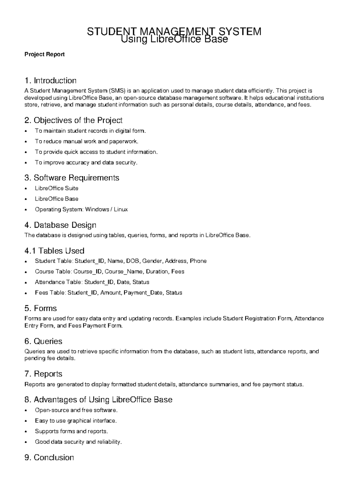 STUDENT MANAGEMENT SYSTEM Project Report Using LibreOffice Base - Studocu