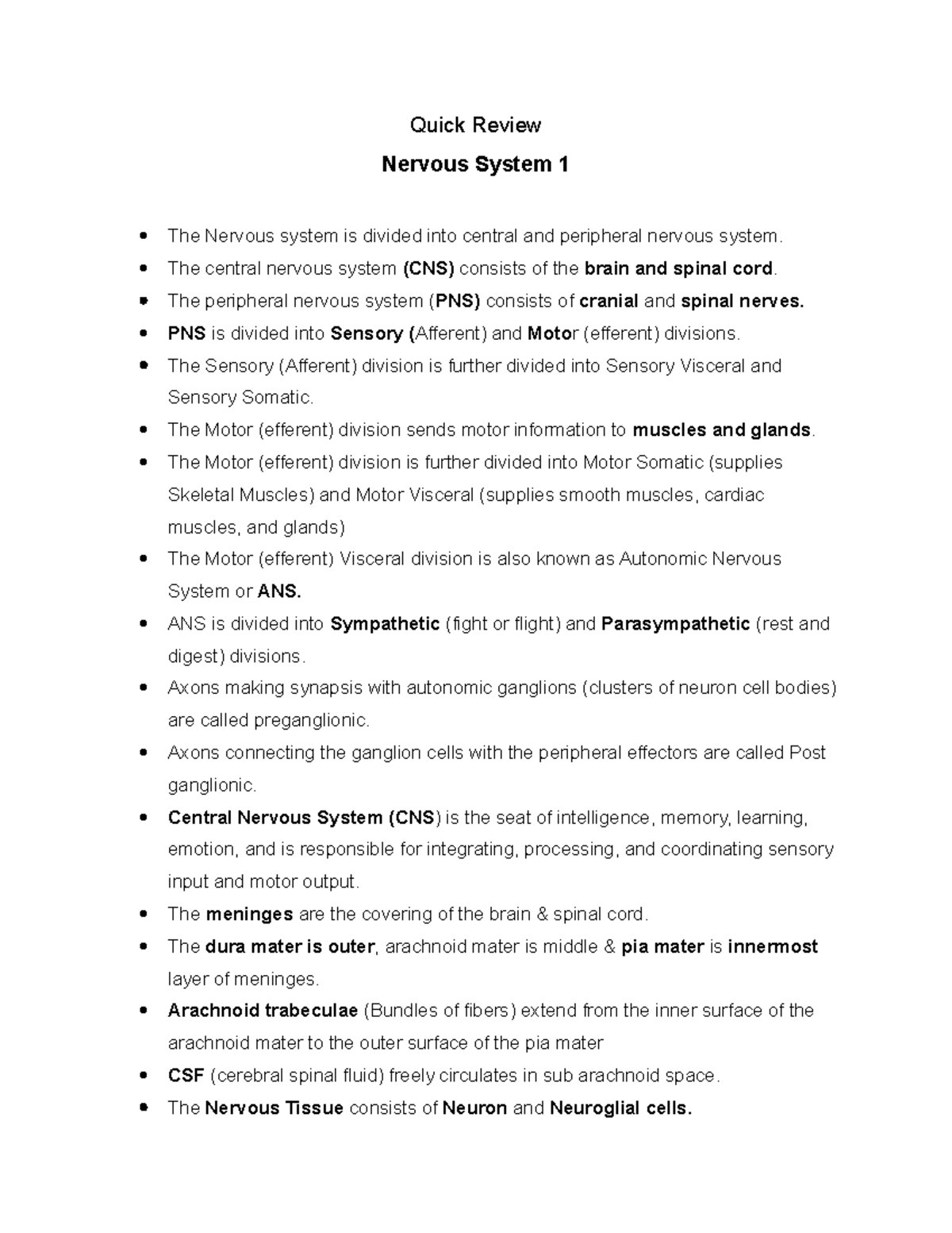 Nervous System Overview: Quick Review (Part 1) - Studocu