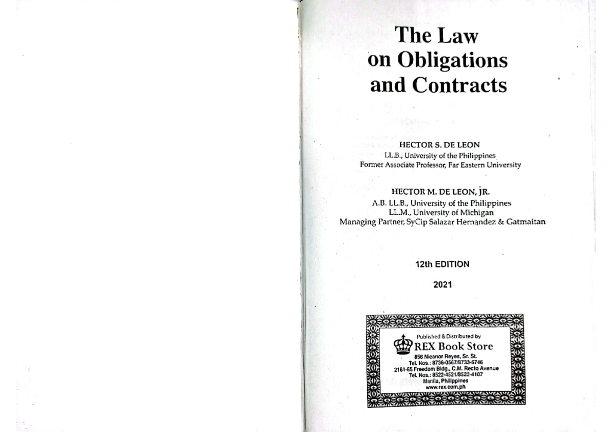 Law on Obligations and Contracts - Study Guide (De Leon, 2021) - Studocu