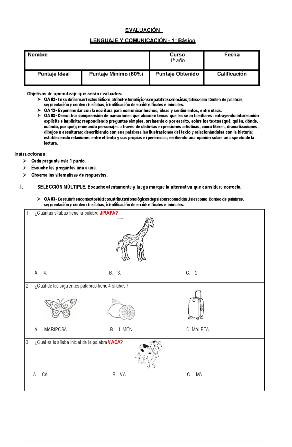 1° AÑO Prueba Diagnóstica de Lenguaje y Comunicación - 1° Básico - Studocu