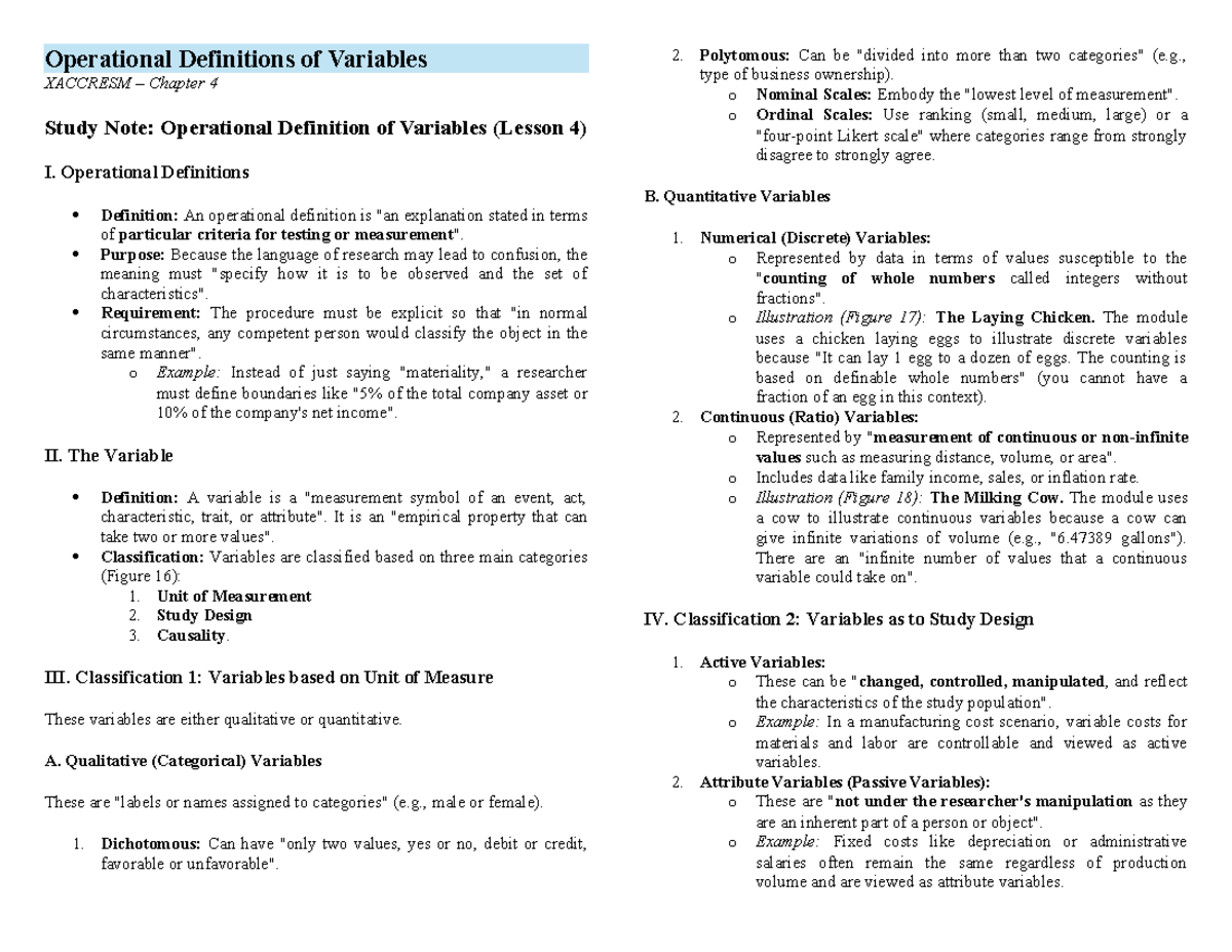 XACCRESM Chapter 4 Study Notes: Operational Definitions of Variables ...