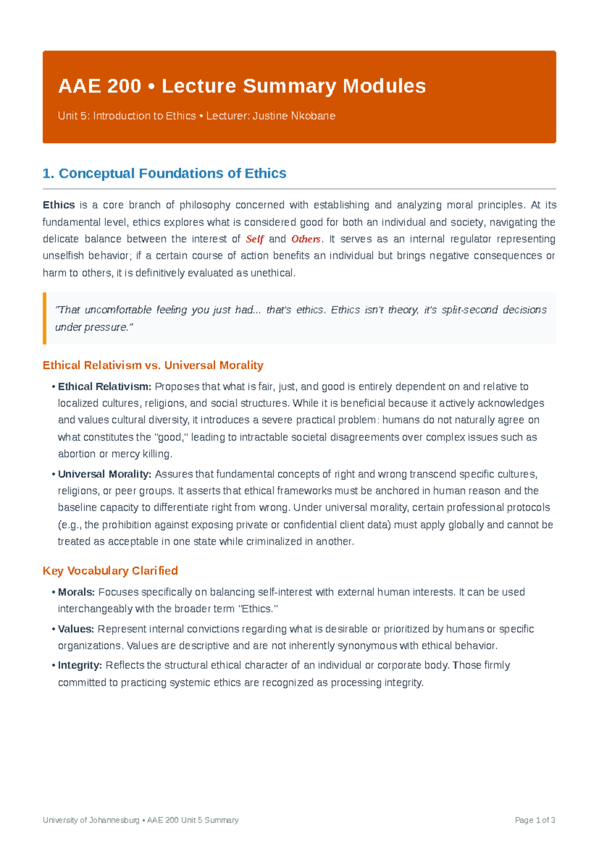 AAE 200 Lecture Summary: Unit 5 - Introduction to Ethics - Studocu
