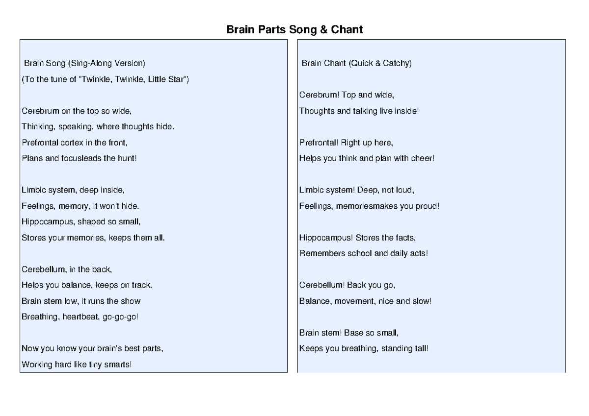 Brain Parts Song Chant for OA: A Catchy Tune for Learning - Studocu