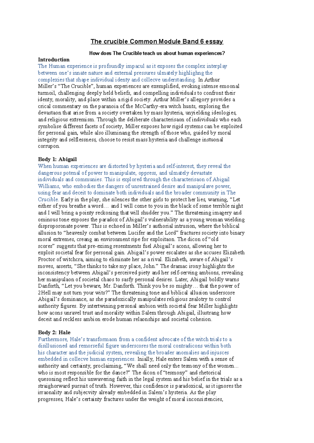 The Crucible Common Module Band 6 Essay: Exploring Human Experiences ...