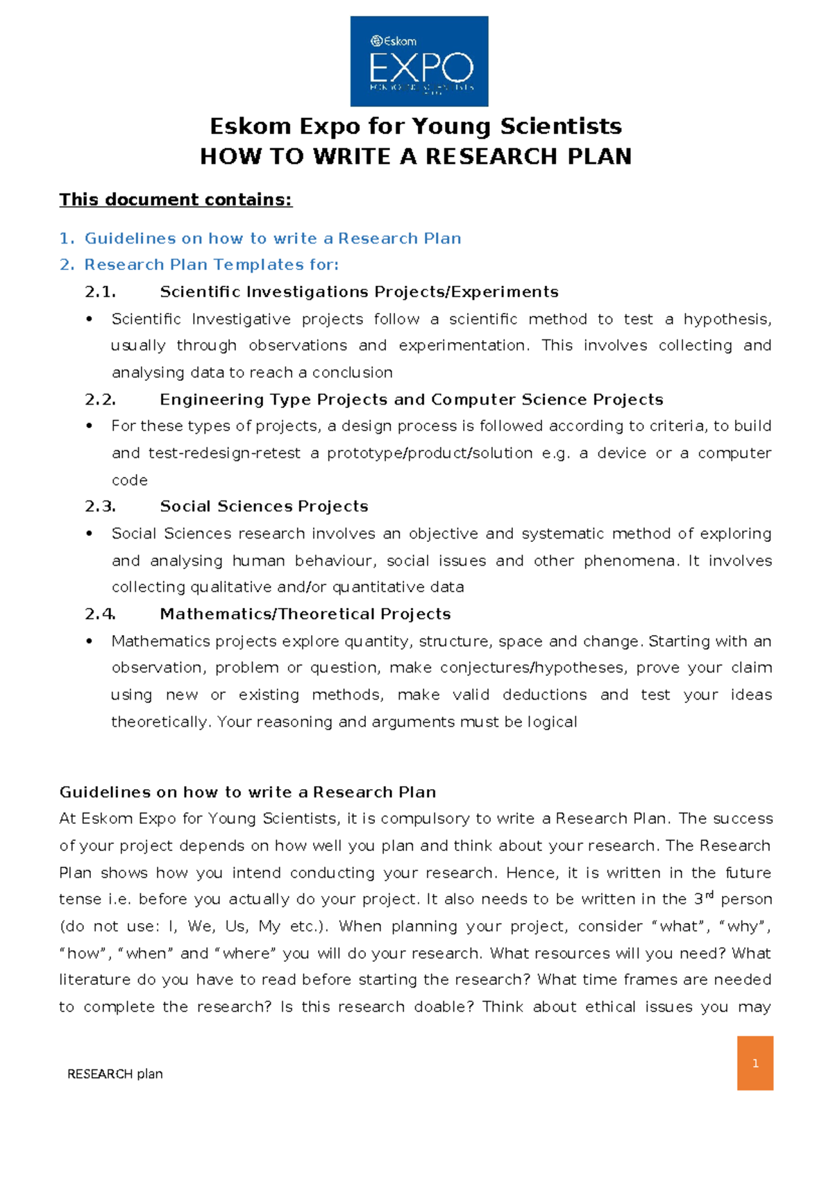 Eskom Expo Research Plan Template 20240131: Guidelines & Projects - Studocu