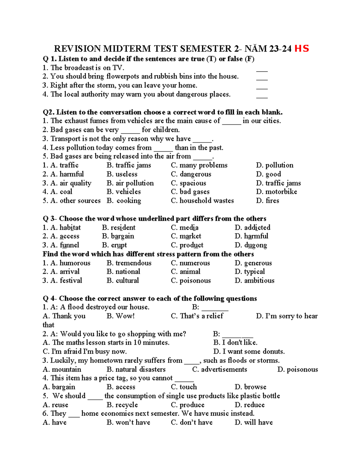 Midterm Revision Test K8 - Semester 2 (2023-24) - Studocu