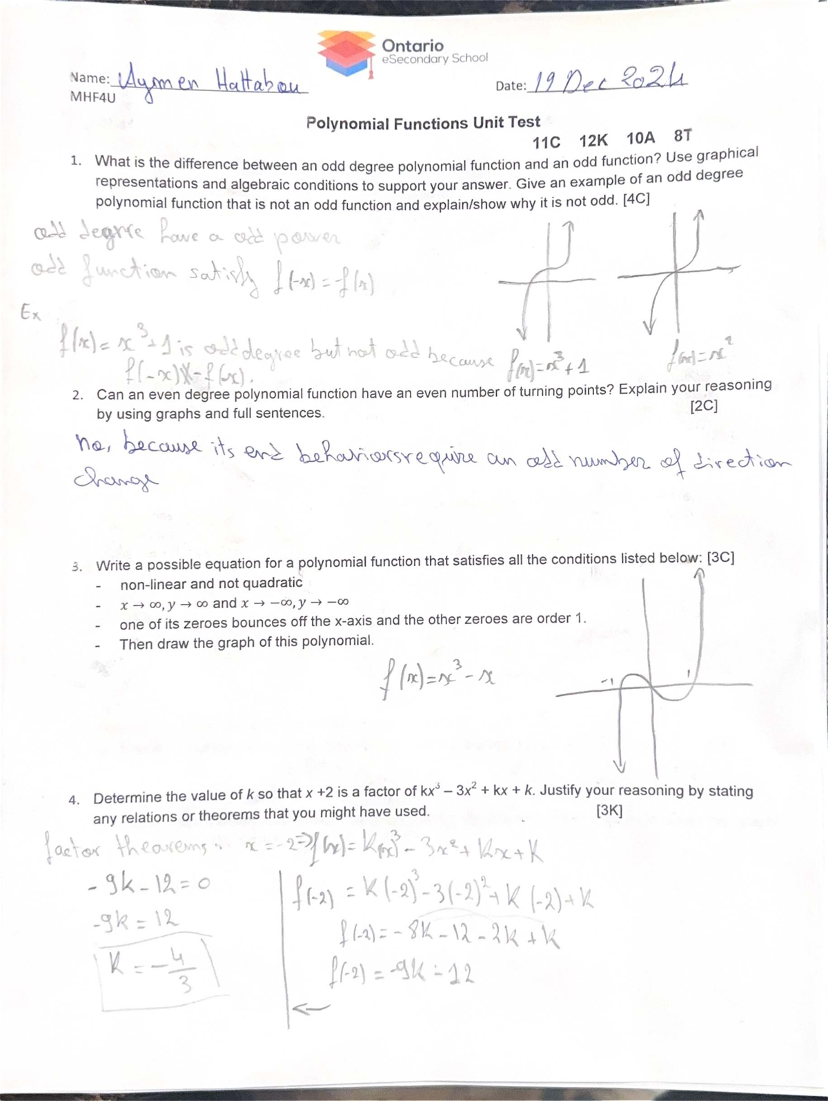 MHF4U Polynomial Functions Unit Test Review and Solutions - Studocu