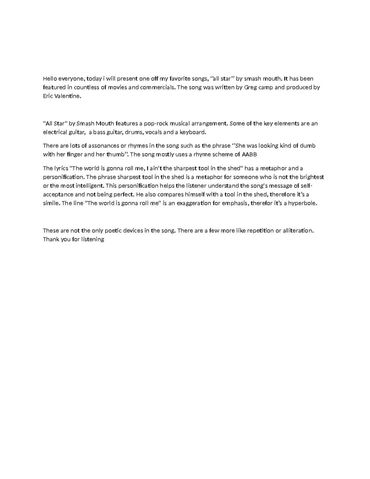 Analysis of "All Star" by Smash Mouth: Poetic Devices and Themes - Studocu