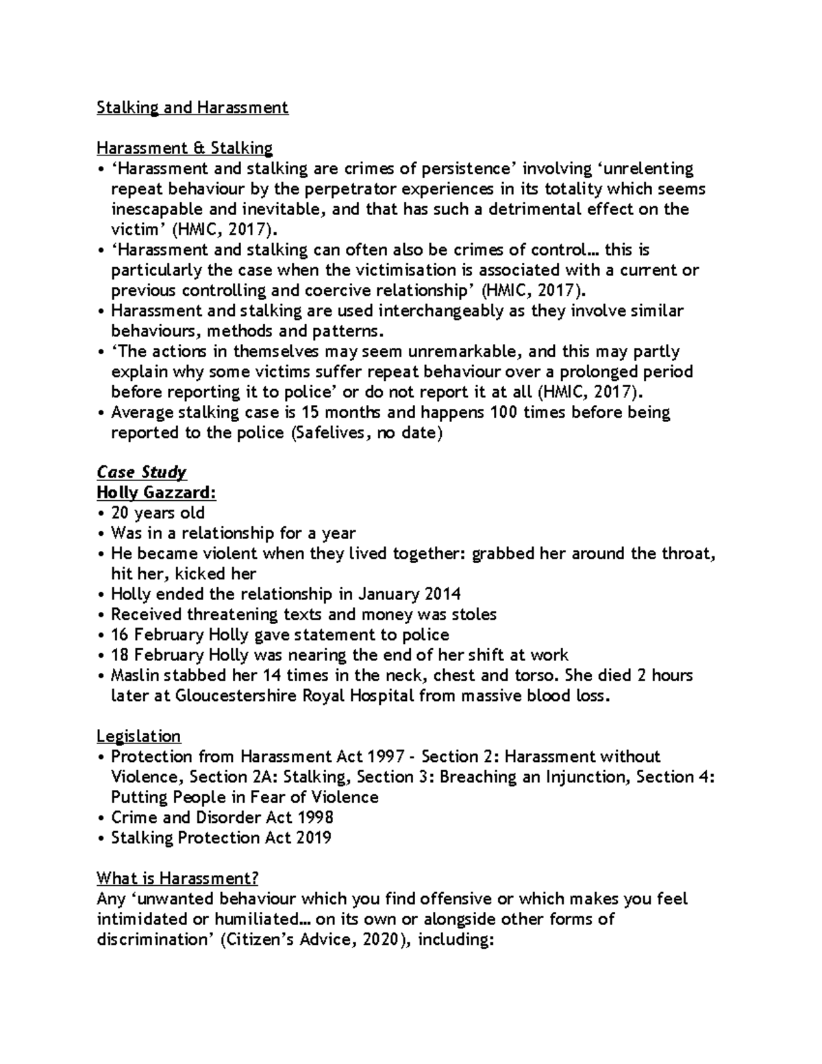 Harassment and Stalking: Legal Perspectives and Case Studies - Studocu